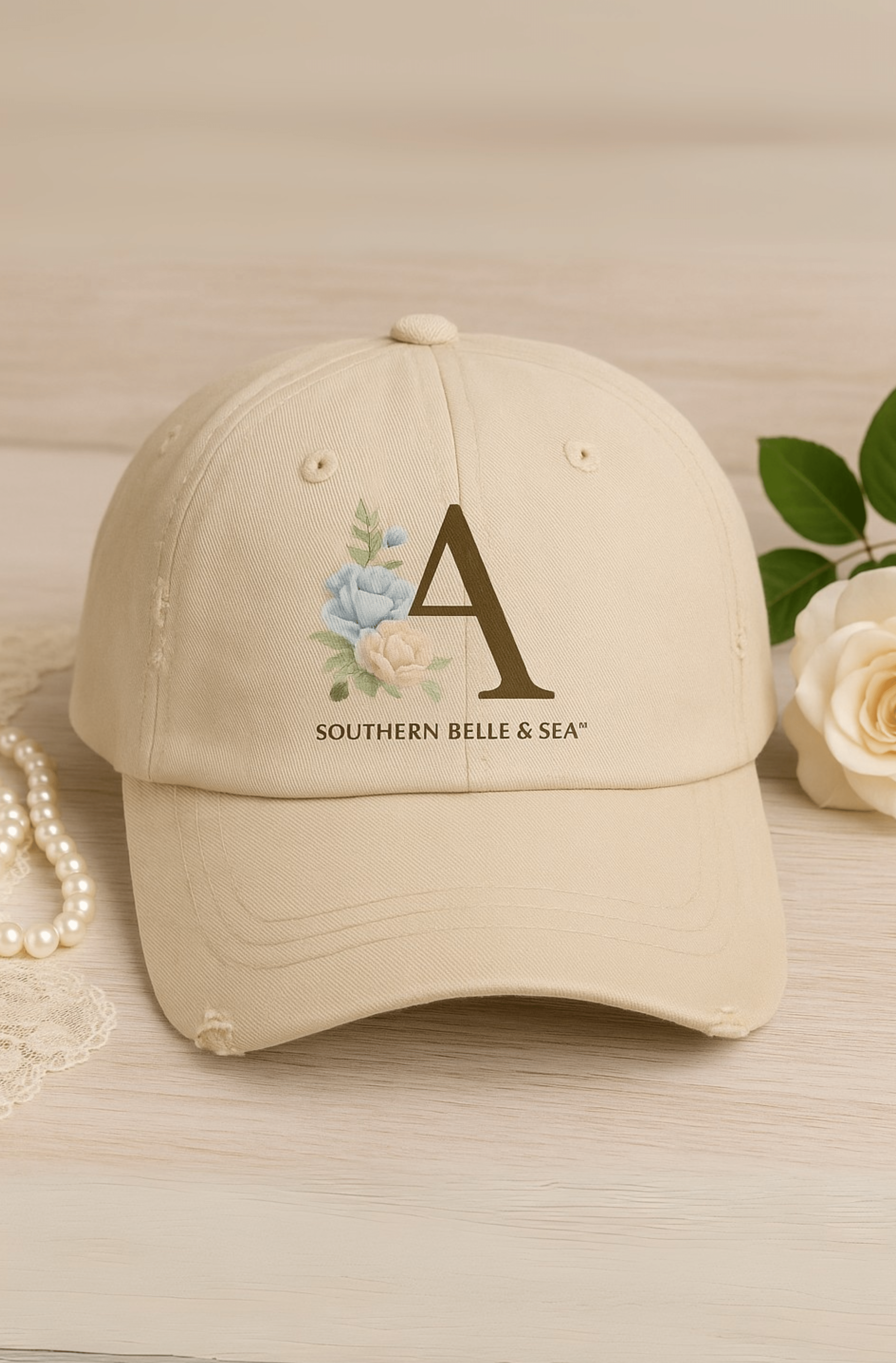 Monogram Distressed Cotton Cap — Letter A Floral | Southern Belle & Se ...
